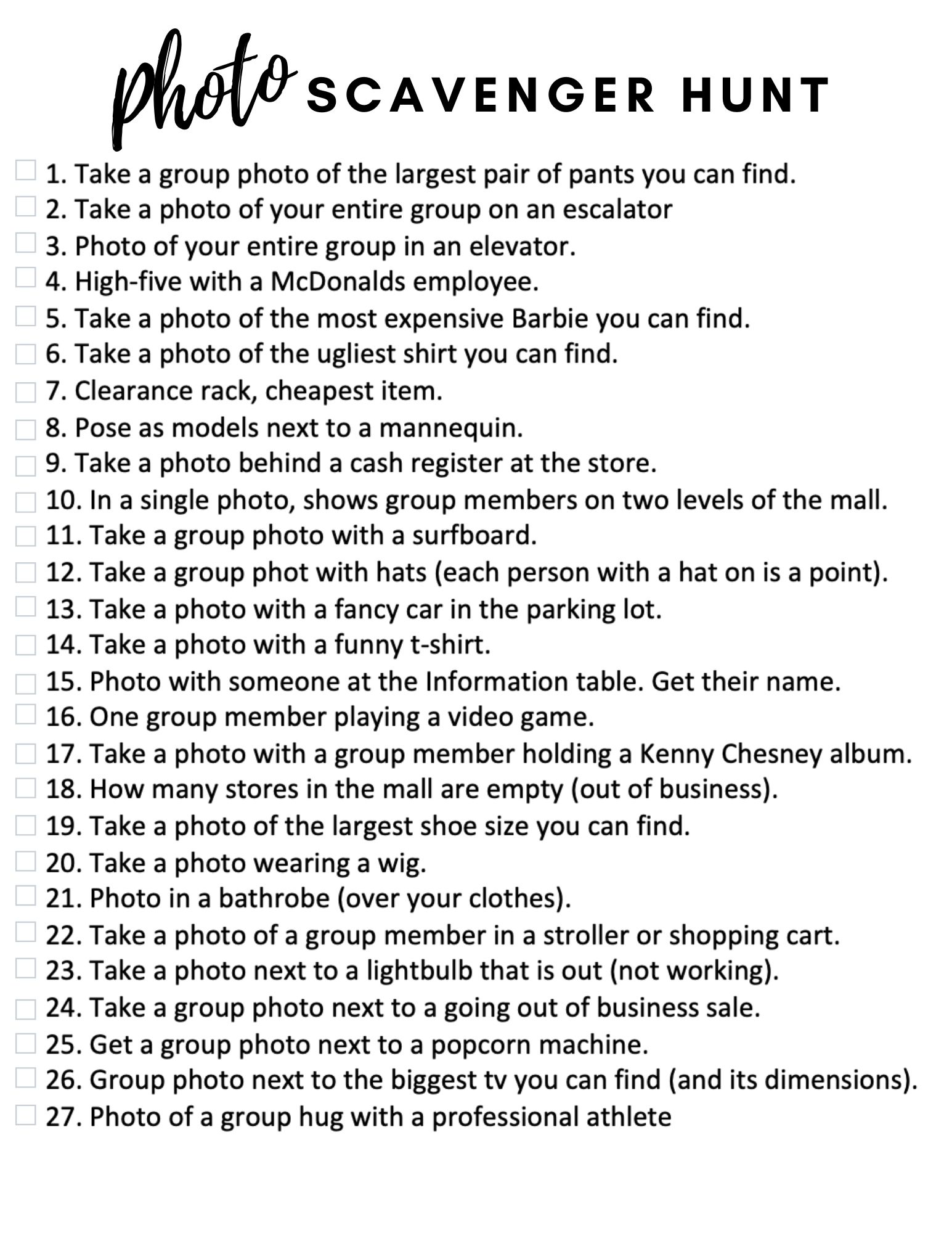 45 Fun Ideas For A Mall Scavenger Hunt | Printable PDF